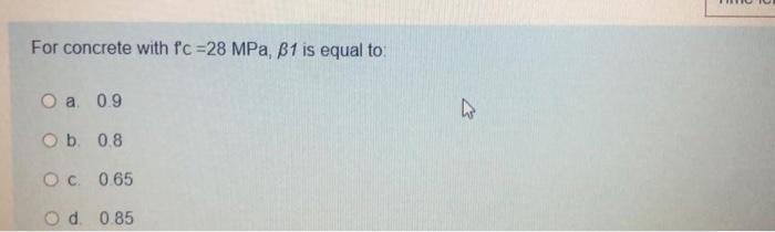 Solved For concrete with f'c =28 MPa, B1 is equal to: O a | Chegg.com