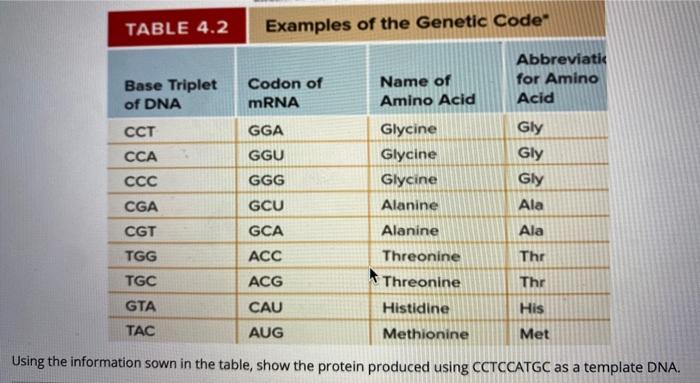 Solved TABLE 4.2 Examples of the Genetic Code Base Triplet | Chegg.com