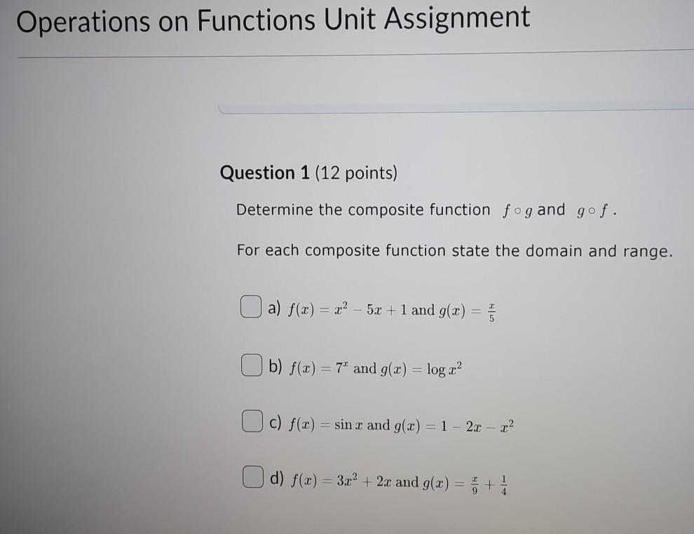 Solved Operations on Functions Unit Assignment Question 1 | Chegg.com