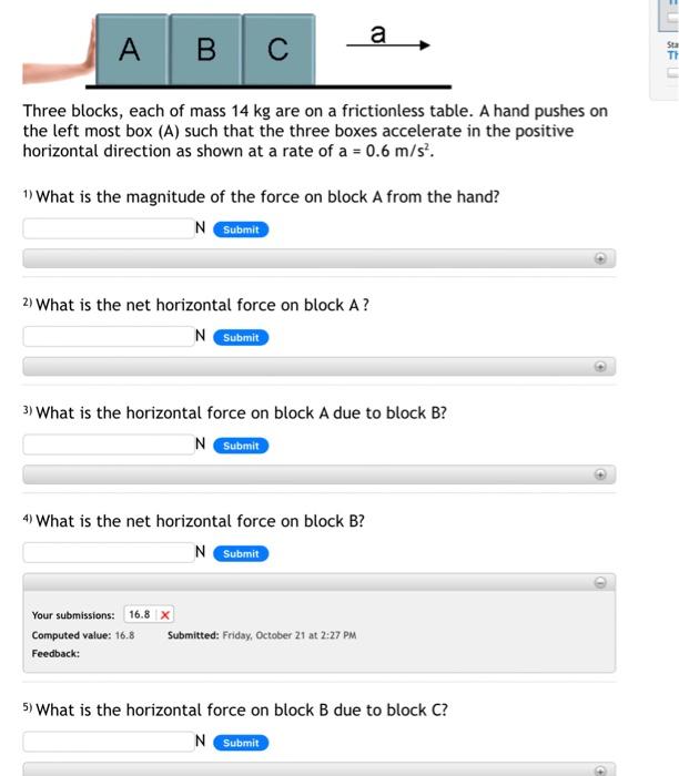 Solved Three blocks, each of mass 14 kg are on a | Chegg.com