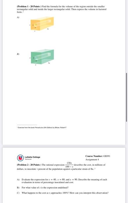 Solved (Problem 1-20 Points) Find the formula for the volume | Chegg.com