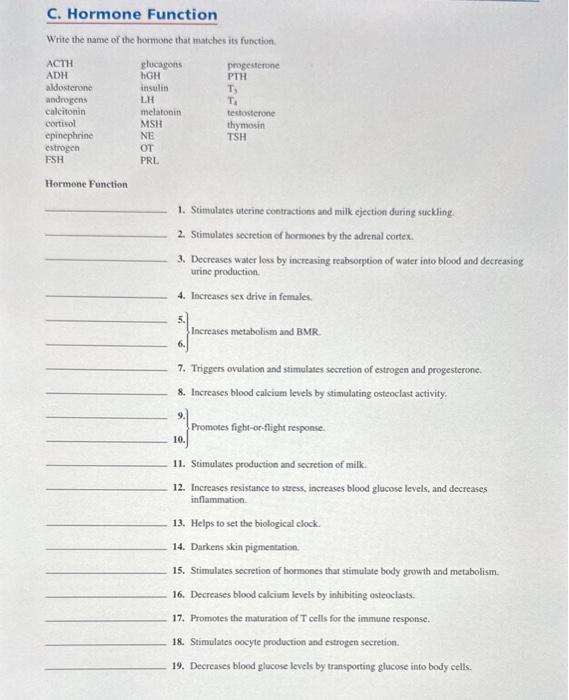 Solved C. Hormone Function Write the name of the homone that | Chegg.com