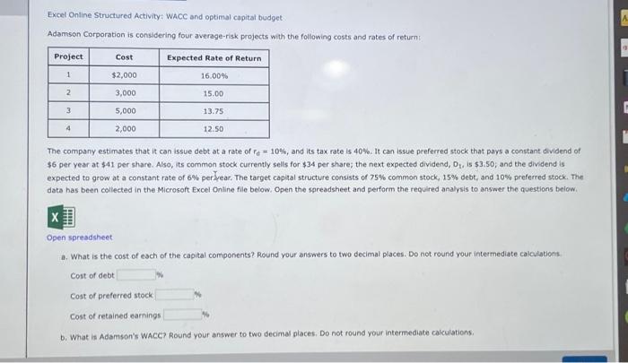 Solved Excel Online Structured Activity: WACC and optimal | Chegg.com