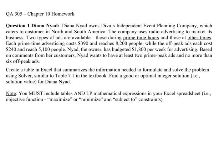 Solved QA 305 - Chapter 10 Homework Question 1 Diana Nyad: | Chegg.com