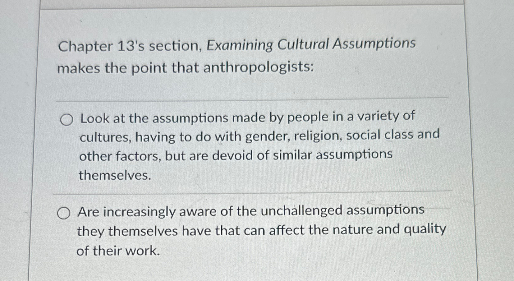 Solved Chapter 13's section, Examining Cultural Assumptions | Chegg.com