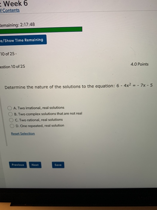 Solved Week 6 f Contents Remaining: 2:17:48 e/Show Time | Chegg.com