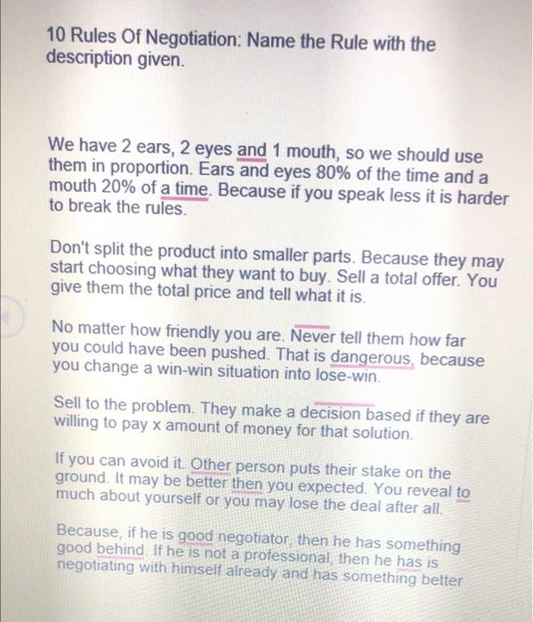 10 Rules Of Negotiation: Name the Rule with the | Chegg.com