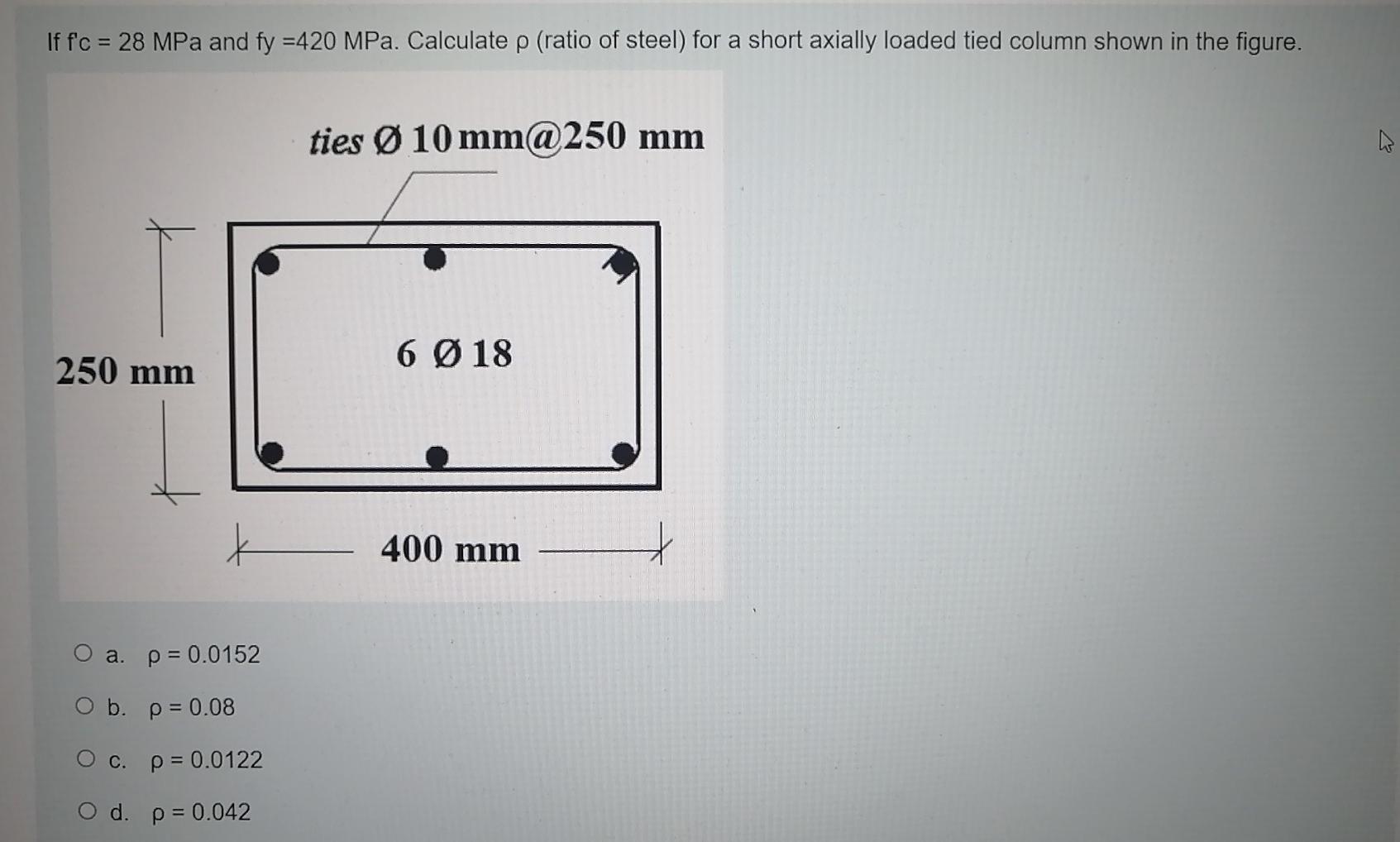Solved Iffc = 28 MPa and fy=420 MPa. Calculate p (ratio of | Chegg.com