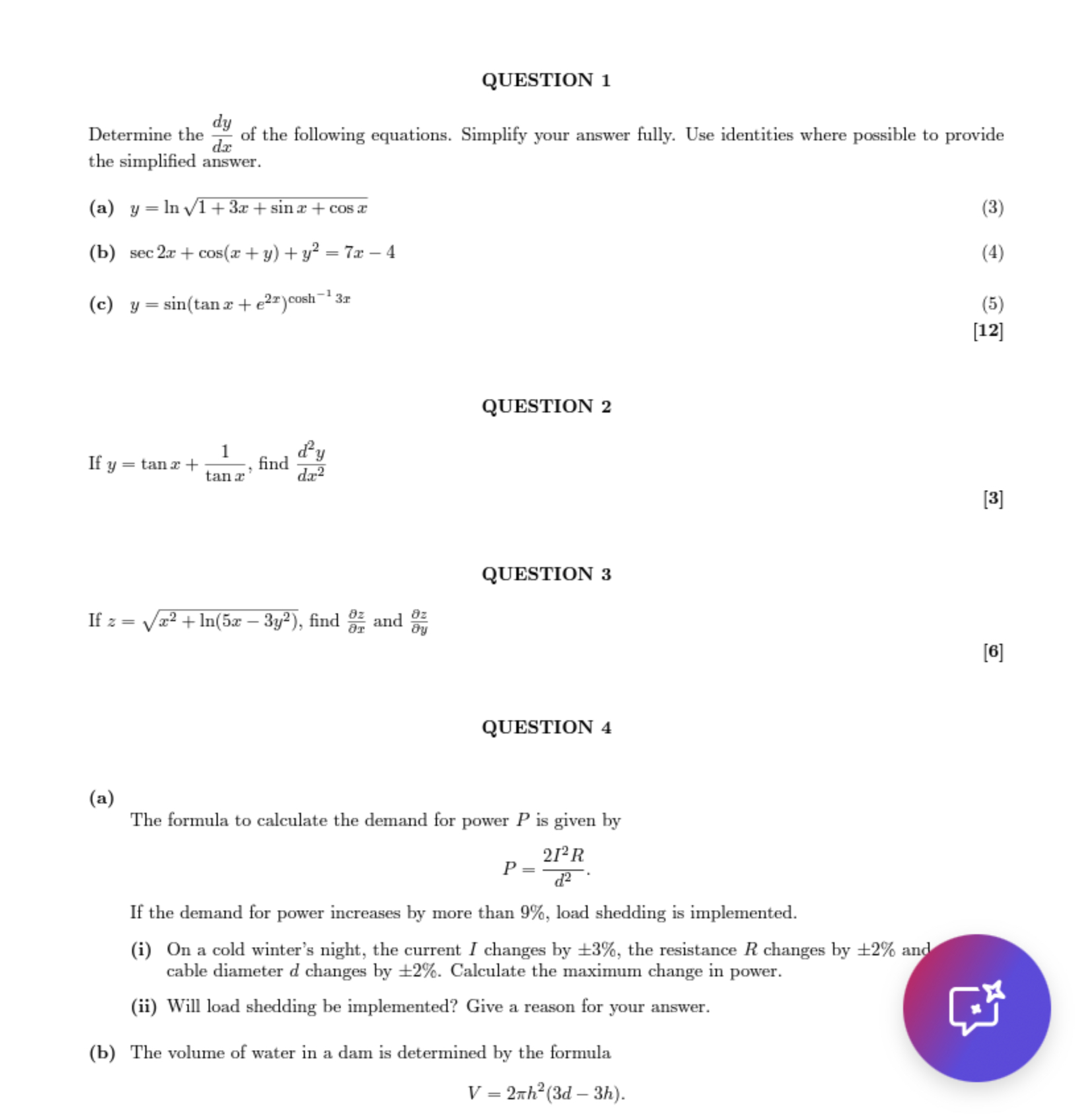 Solved QUESTION 1Determine the dydx of ﻿the following | Chegg.com