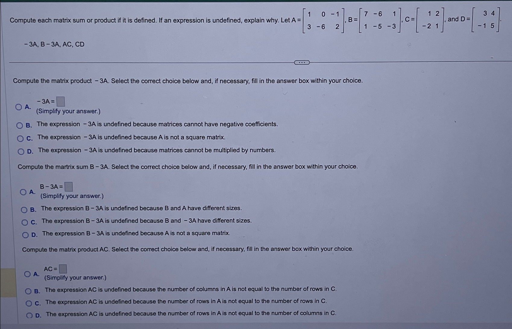 Solved Compute each matrix sum or product if it is defined. | Chegg.com