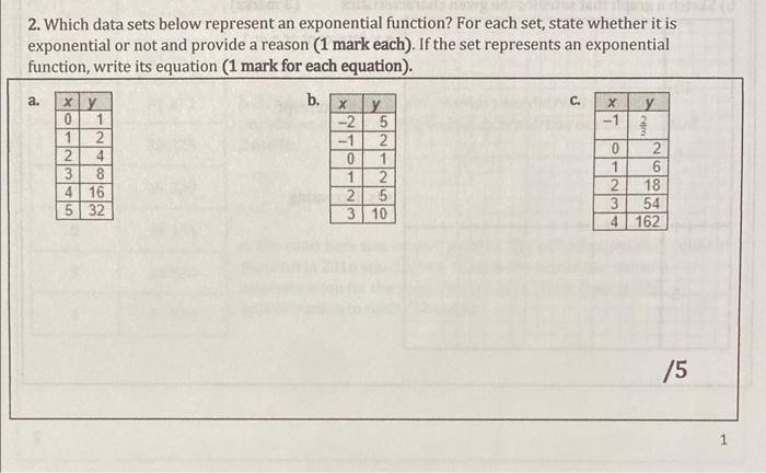 Solved 2. Which data sets below represent an exponential | Chegg.com