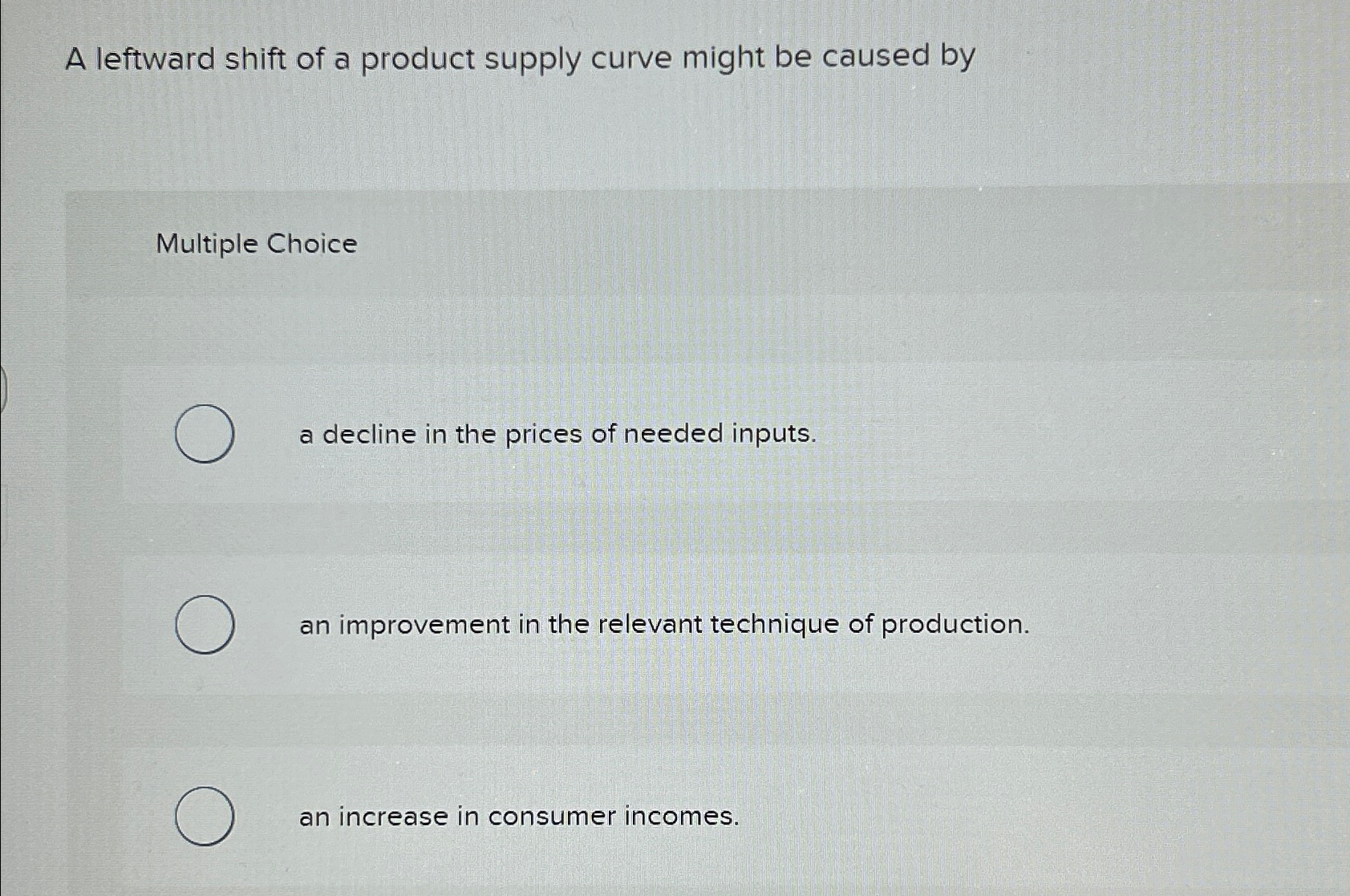 Solved A leftward shift of a product supply curve might be | Chegg.com