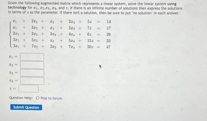 Solved Given the following augmented matrix which represents | Chegg.com