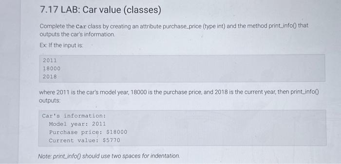 Solved 7.17 LAB: Car value (classes) Complete the car class | Chegg.com