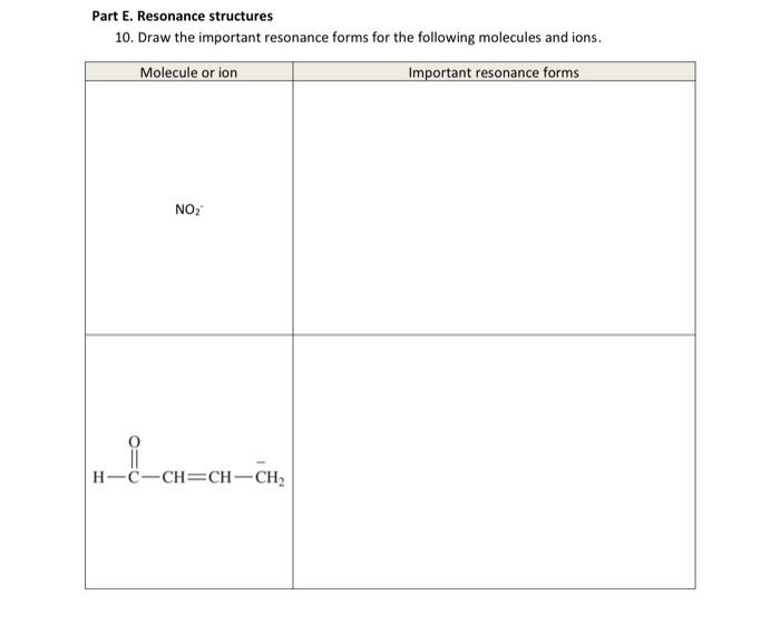 Solved Part E. Resonance structures 10. Draw the important | Chegg.com