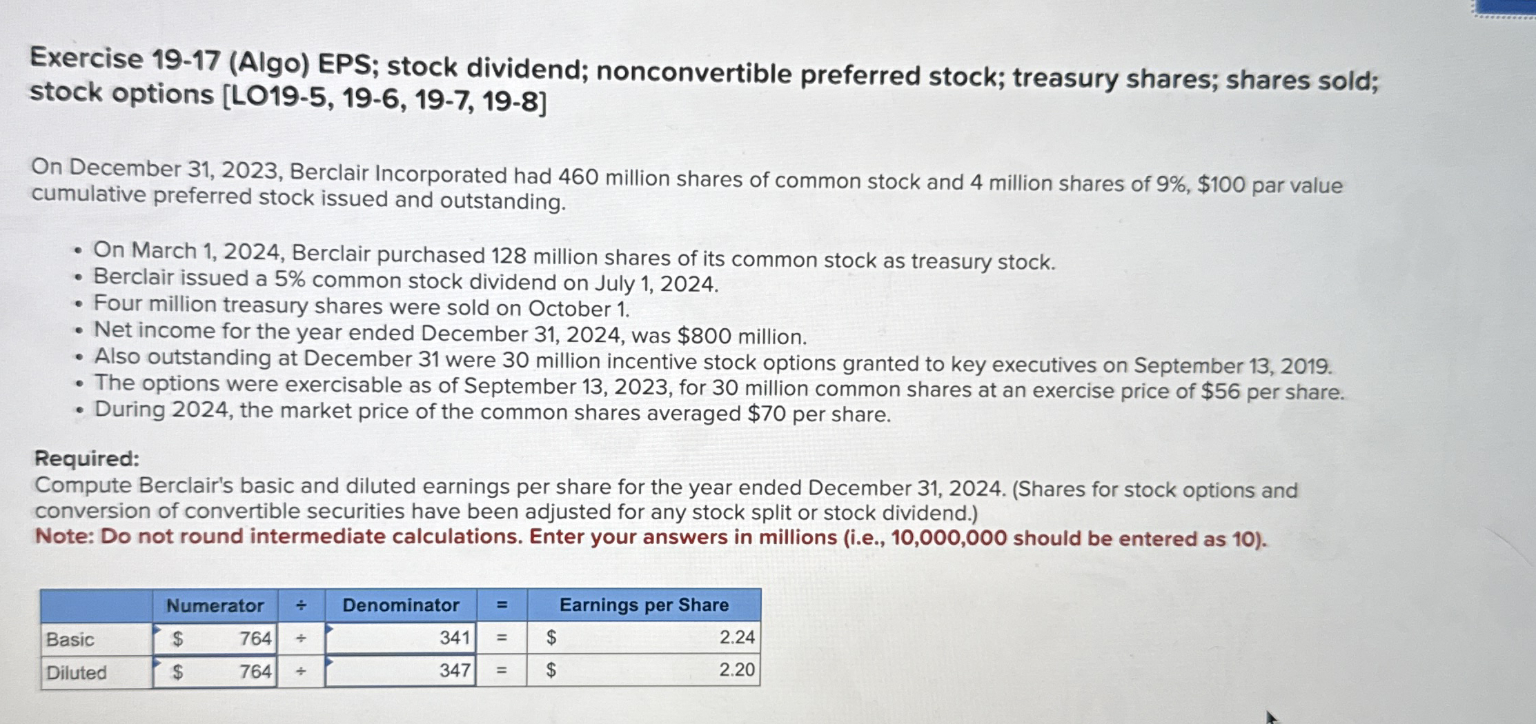 Solved Exercise 19-17 (Algo) ﻿EPS; stock dividend; | Chegg.com