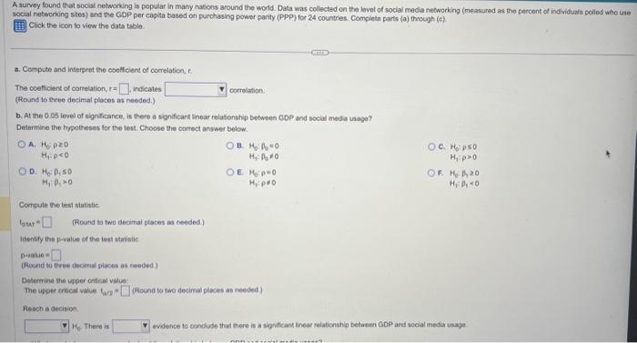 Solved GDP and Social Media Usage DataA survey found that | Chegg.com