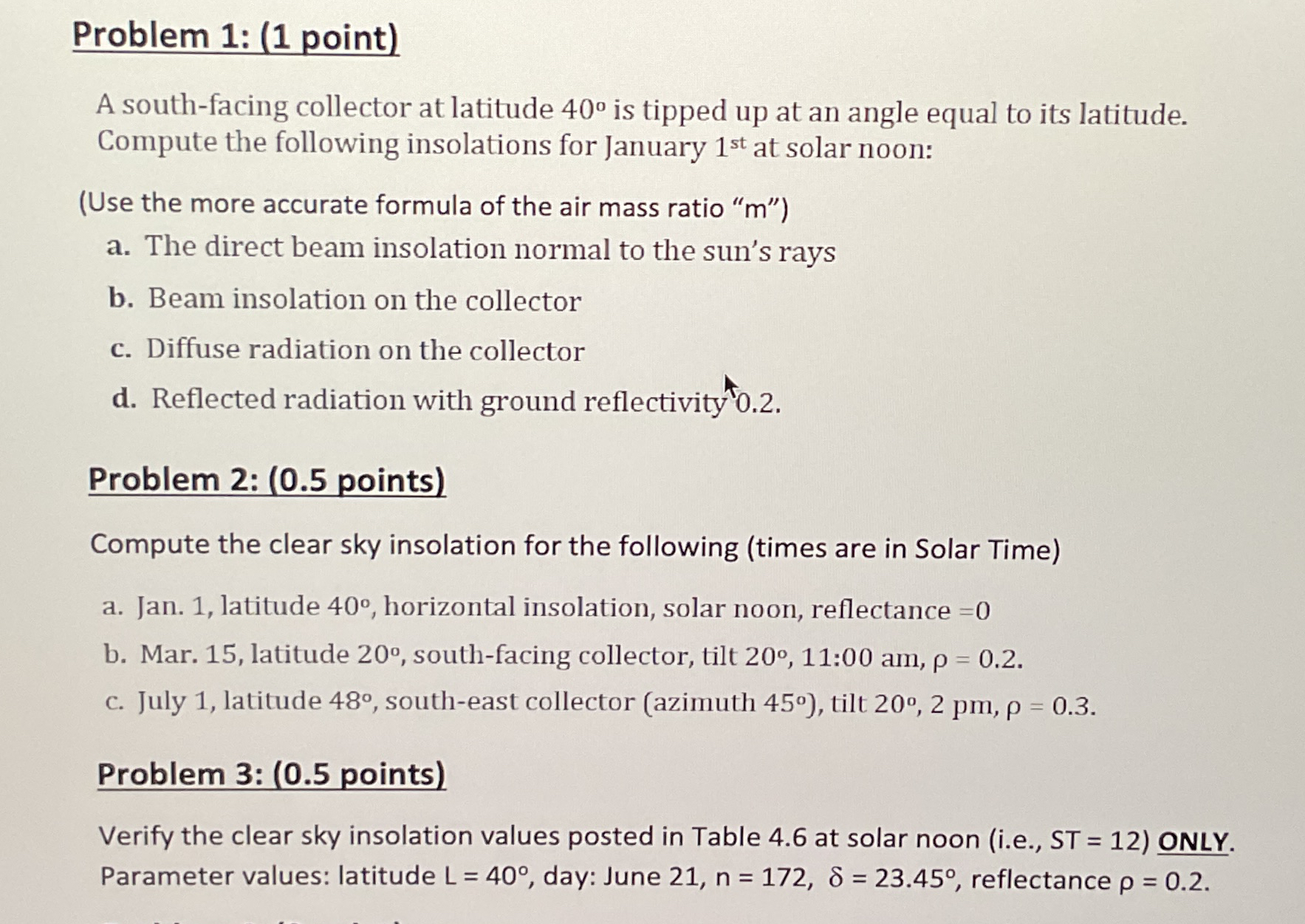 Solved Problem 1: (1 ﻿point)A south-facing collector at | Chegg.com