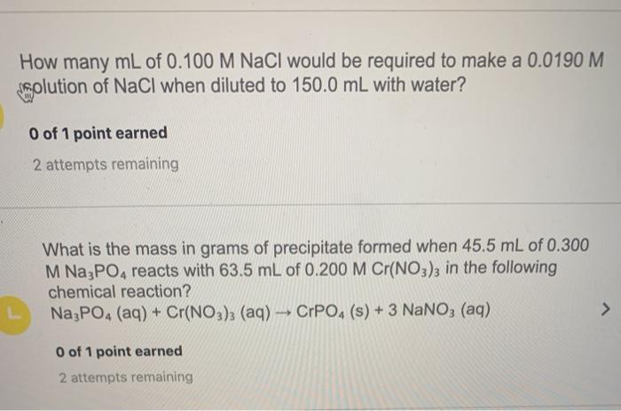 Solved How many mL of 0.100 M NaCl would be required to make | Chegg.com