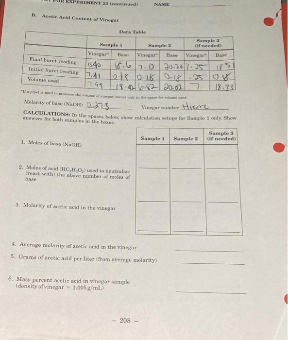 Solved XPERIMENT 23 (continued) NAME B. Acetie Acid Content | Chegg.com
