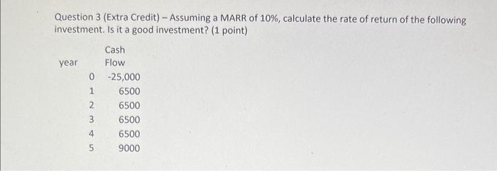 Solved Question 3 (Extra Credit) - Assuming a MARR of 10%, | Chegg.com