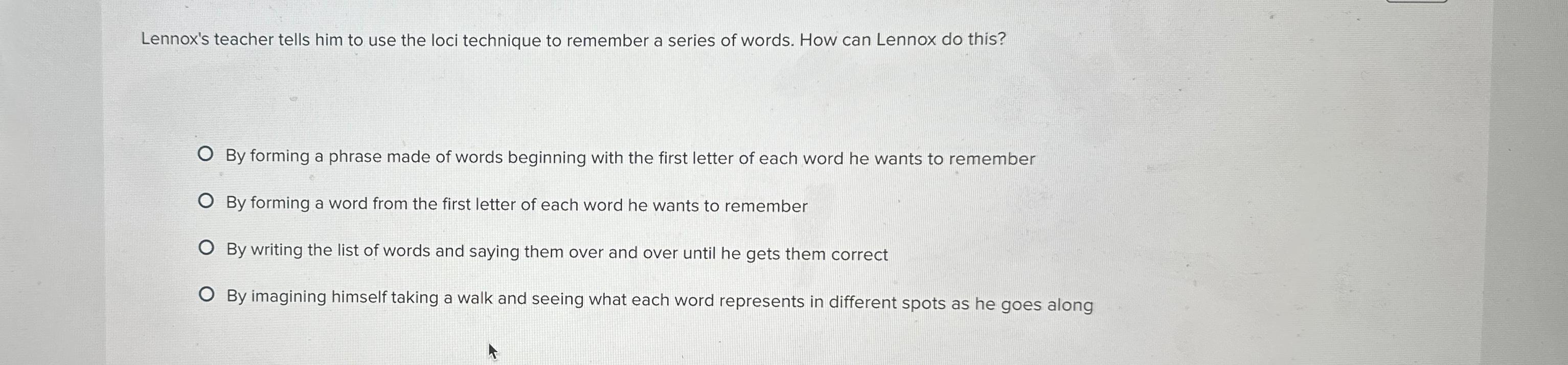 Solved Lennox's teacher tells him to use the loci technique | Chegg.com