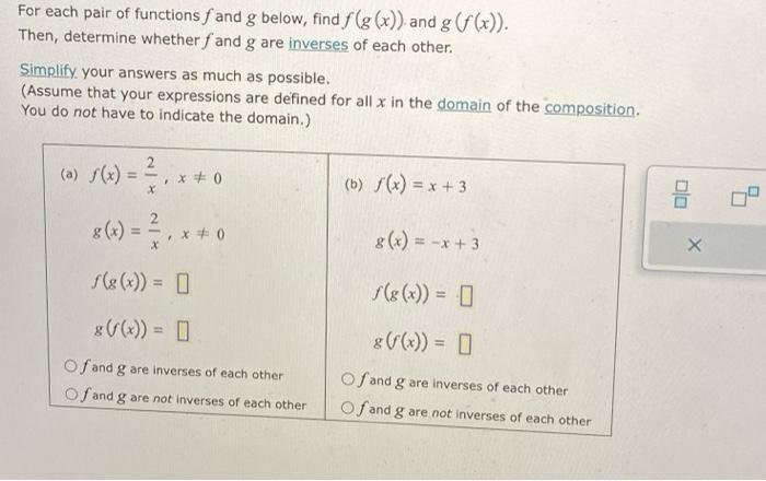 Solved For each pair of functions f and g below, find | Chegg.com