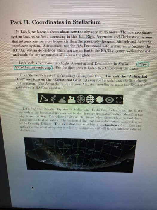 Part II: Coordinates in Stellarium In Lab 5, we | Chegg.com