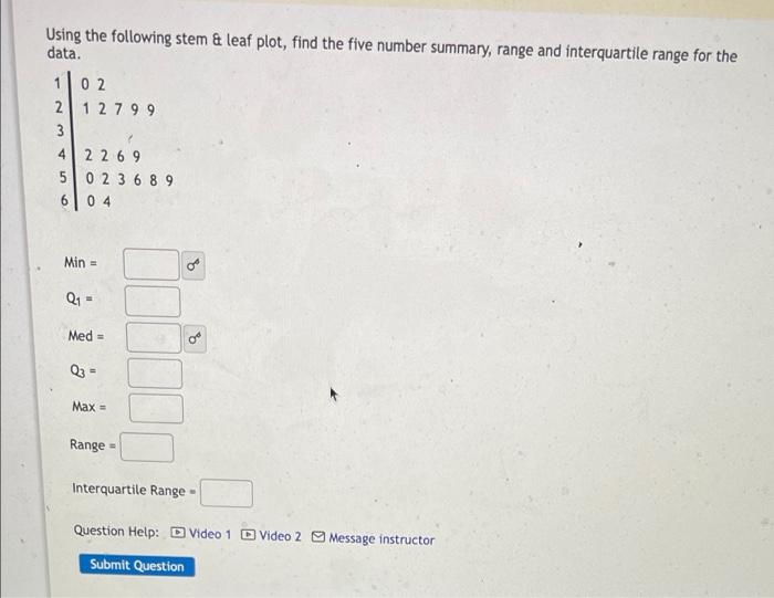 Solved Using the following stem & leaf plot, find the five | Chegg.com