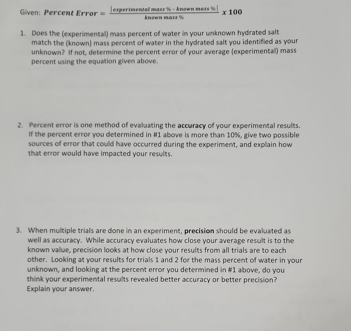 Given: Percent Error = known mass %∣ experimental | Chegg.com