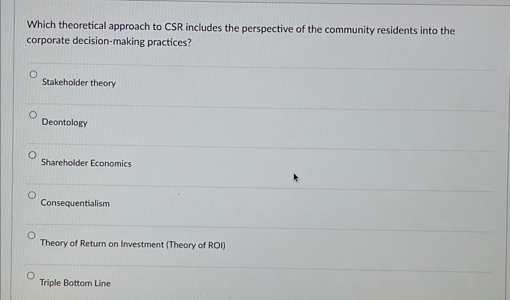 Solved Which theoretical approach to CSR includes the | Chegg.com