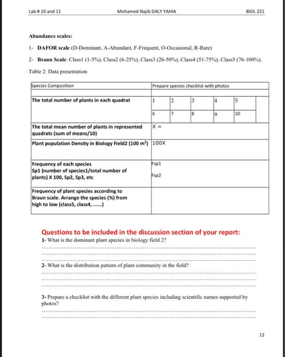Abundance scales: 1- DAFOR scale (D-Dominant, | Chegg.com