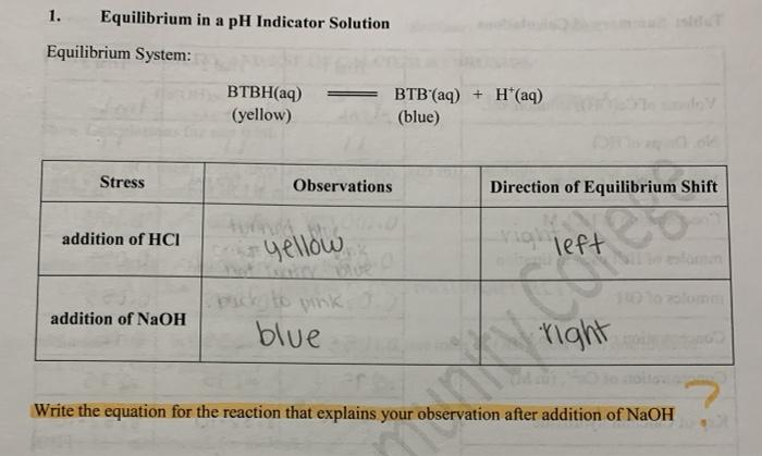 Solved 1. Equilibrium in a pH Indicator Solution Equilibrium | Chegg.com