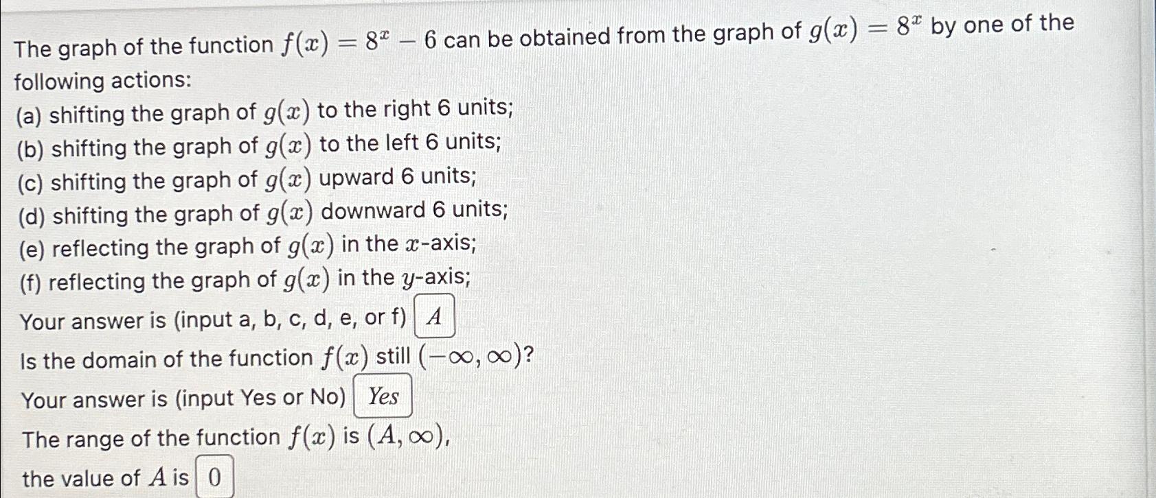 Solved The graph of the function f(x)=8x-6 ﻿can be obtained | Chegg.com