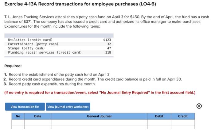 Solved Exercise 4-13A Record transactions for employee | Chegg.com