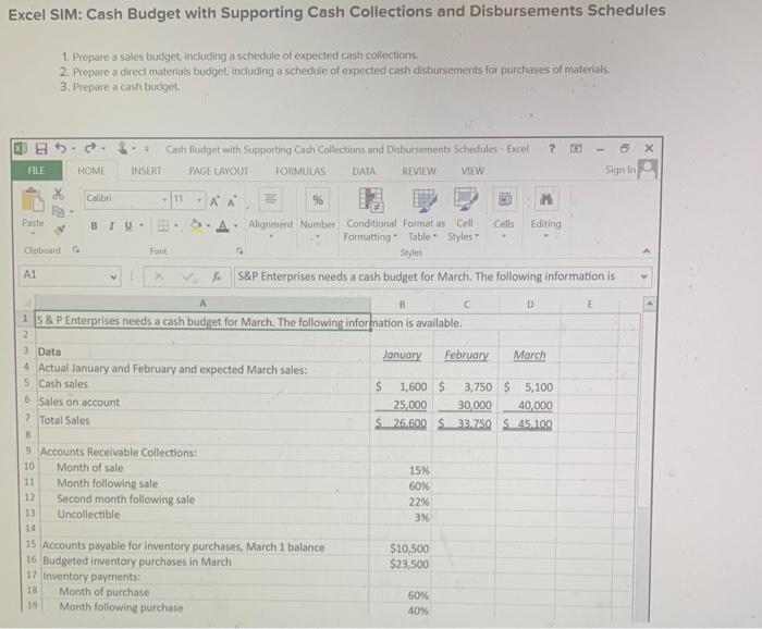 Solved Excel SIM: Cash Budget with Supporting Cash | Chegg.com
