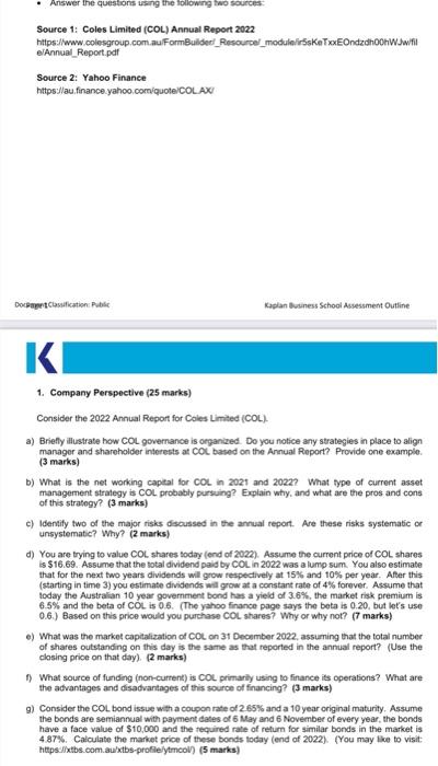 Solved Source 1: Coles Limited (COL) Annual Report 2022 | Chegg.com