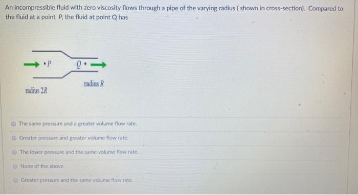 Solved An incompressible fluid with zero viscosity flows | Chegg.com