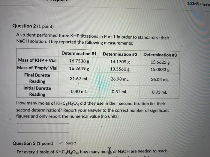 Solved Question 2 (1 point) A student performed three KHP | Chegg.com