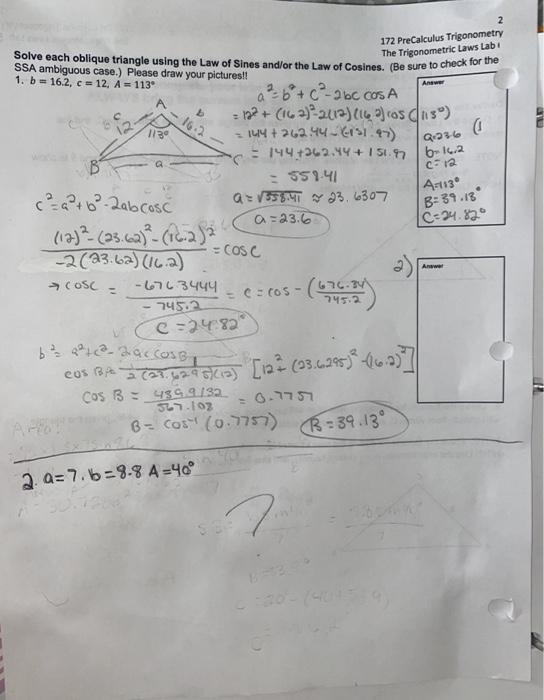 Solved 172 PreCalculus Trigonometry The Trigonometric Laws | Chegg.com