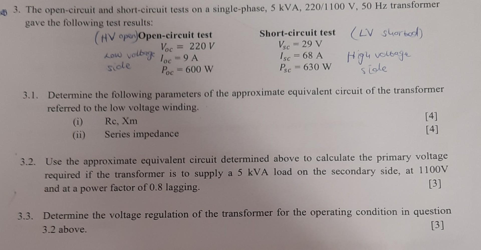 Solved 3. The open-circuit and short-circuit tests on a | Chegg.com
