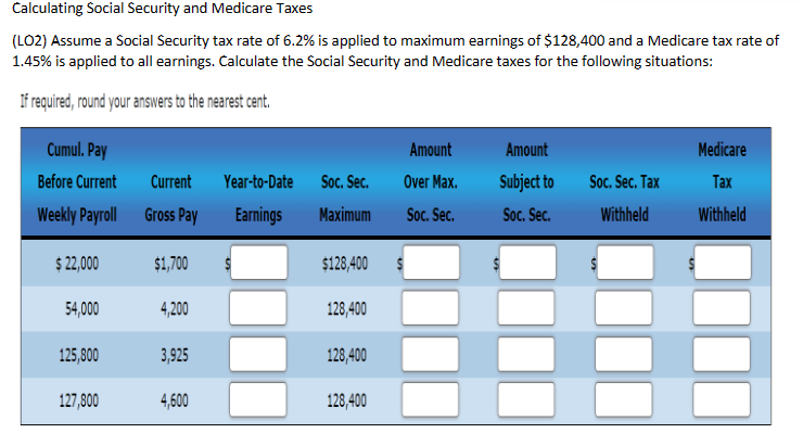 Solved Calculating Social Security and Medicare Taxes(LO2) | Chegg.com Solved Calculating Social Security and Medicare Taxes(LO2) | Chegg.com