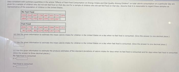 Solved Data consistent with summary quantities in the artide | Chegg.com