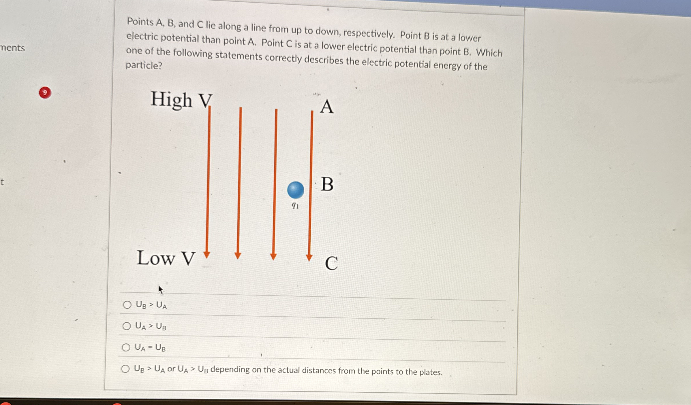 Solved Points A,B, ﻿and C lie along a line from up to down, | Chegg.com