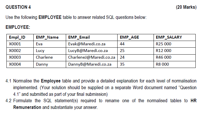 Solved QUESTION 4(20 ﻿Marks)Use the following EMPLOYEE table | Chegg.com