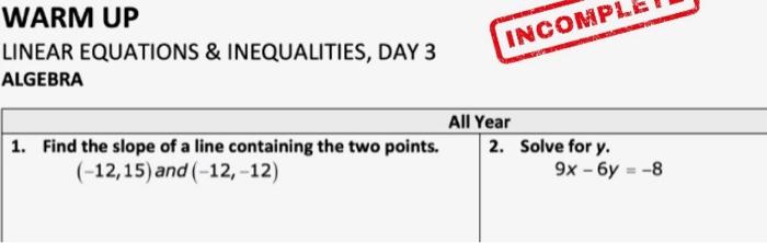 Solved WARM UP LINEAR EQUATIONS \& INEQUALITIES, DAY 3 | Chegg.com
