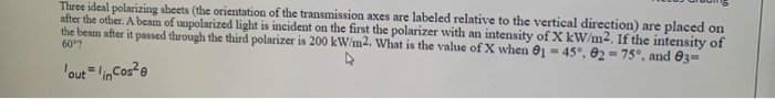 Solved Three ideal polarizing sheets (the orientation of the | Chegg.com