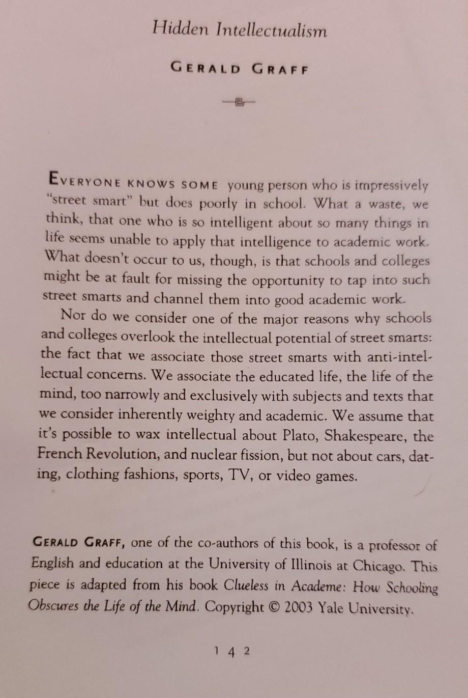 Hidden Intellectualism GERALD GRAFF EVERYONE KNOWS | Chegg.com