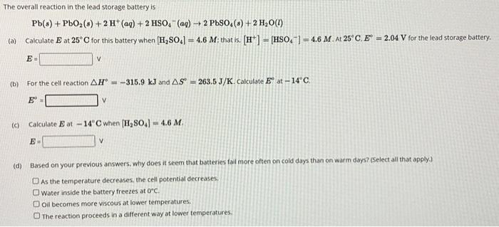 Solved The overall reaction in the lead storage battery is | Chegg.com
