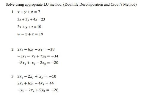 Solved Solve using appropriate LU method. (Doolittle | Chegg.com